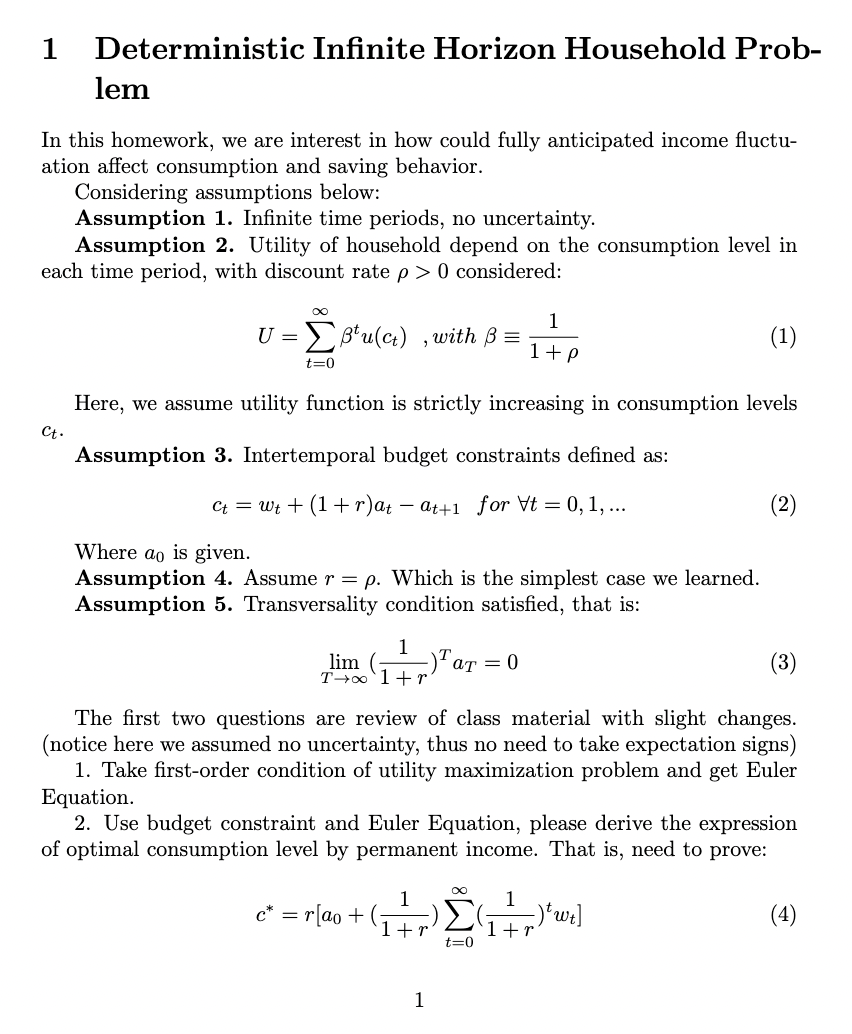 Solved 1 Deterministic Infinite Horizon Household Problem In | Chegg.com