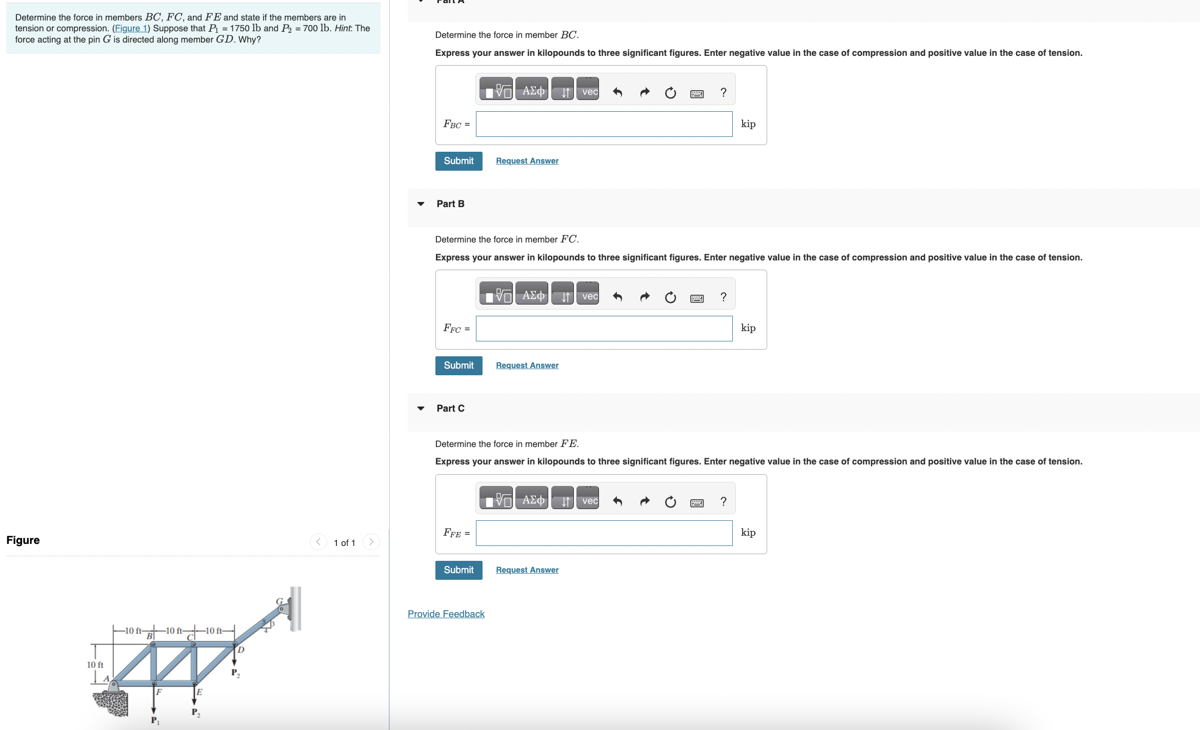 Solved Determine the force in members BC,FC, and FE and | Chegg.com