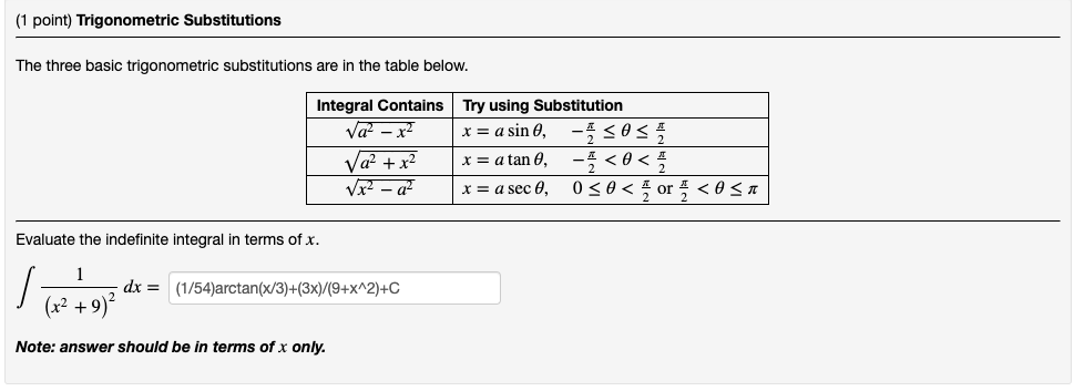 Solved (1 point) Trigonometric Substitutions The three basic | Chegg.com