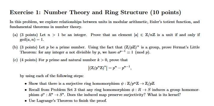 Solved Exercise 1: Number Theory and Ring Structure (10 | Chegg.com