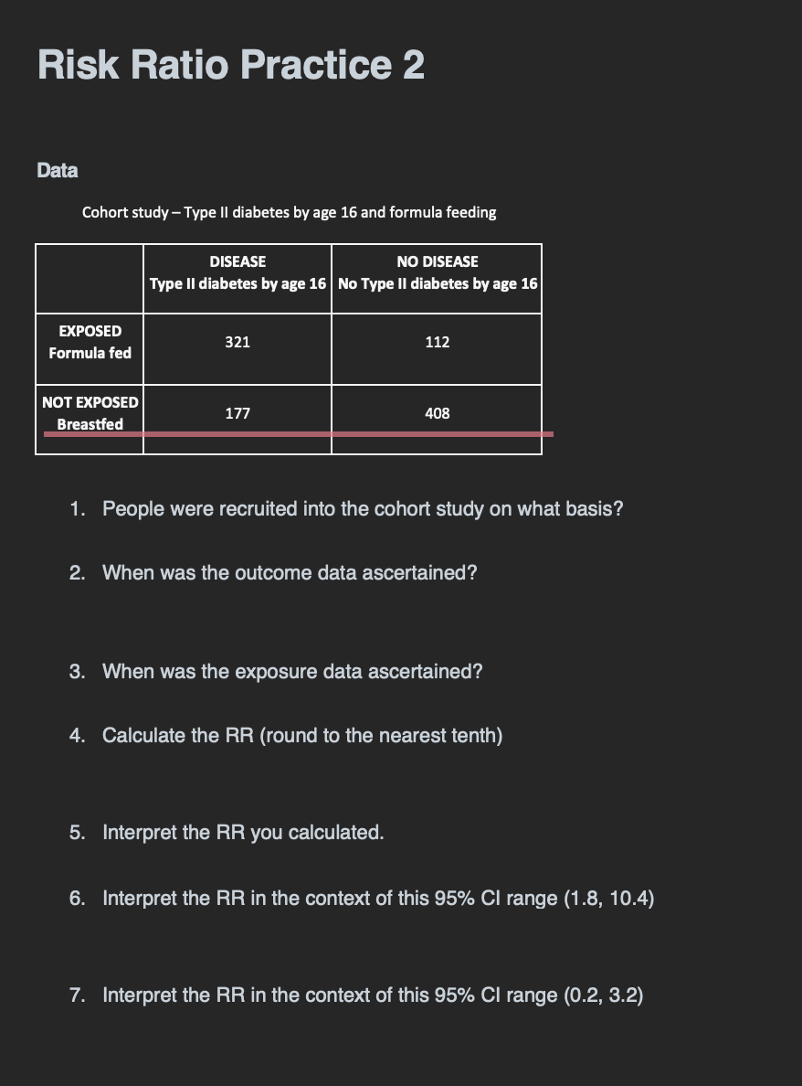 Solved Risk Ratio Practice 2 Data Cohort study - Type II | Chegg.com