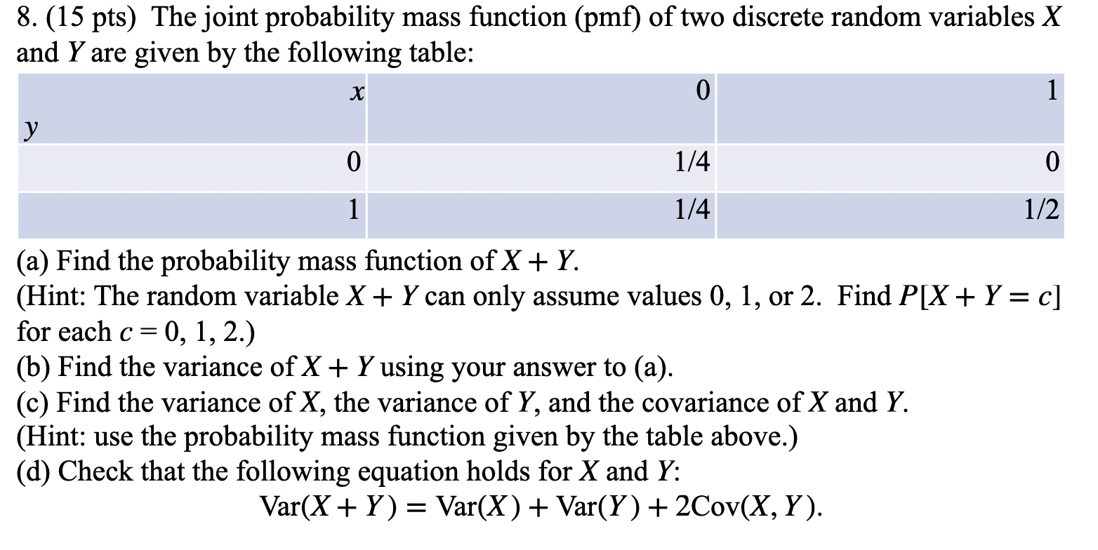 Solved 8. (15 pts) The joint probability mass function (pmf) | Chegg.com