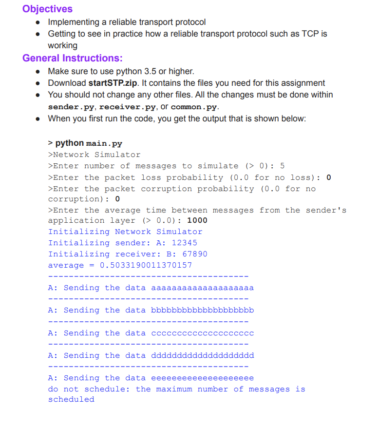 Objectives • Implementing a reliable transport | Chegg.com