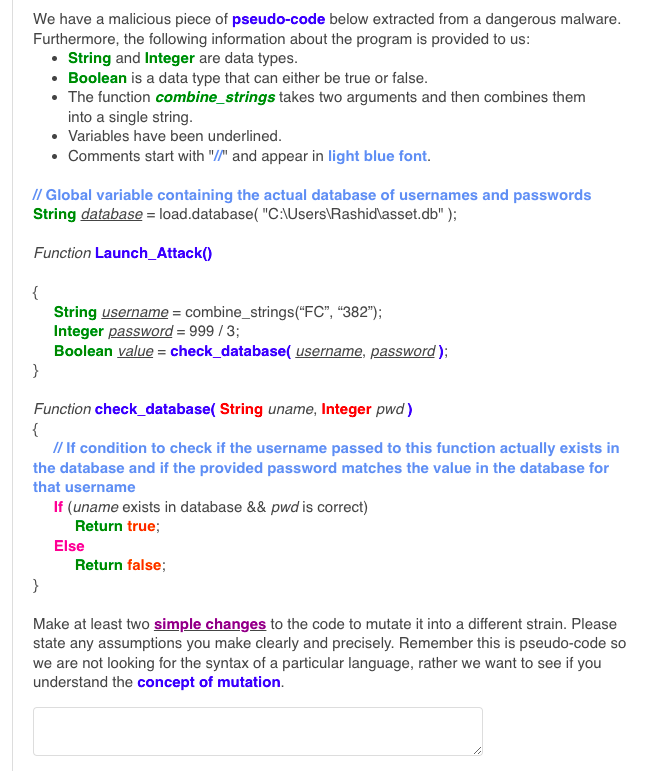 Solved We have a malicious piece of pseudo-code below | Chegg.com
