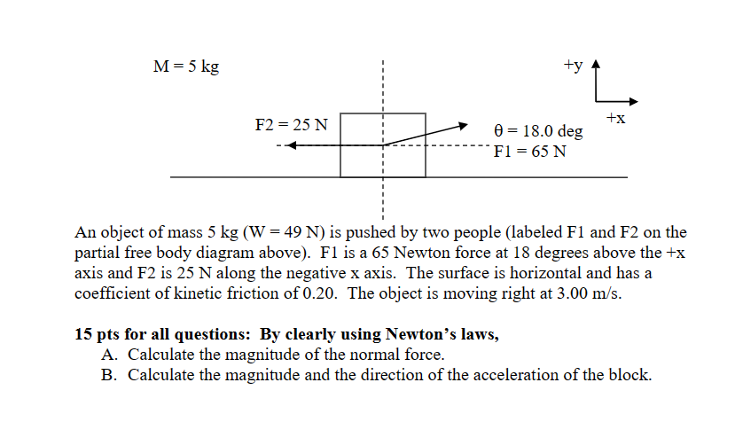 Solved An object of mass 5 kg( W=49 N ) is pushed by two | Chegg.com