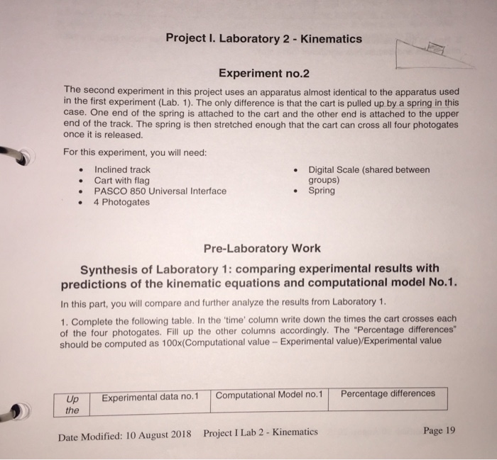Project I. Laboratory 2 - Kinematics Experiment no.2 | Chegg.com