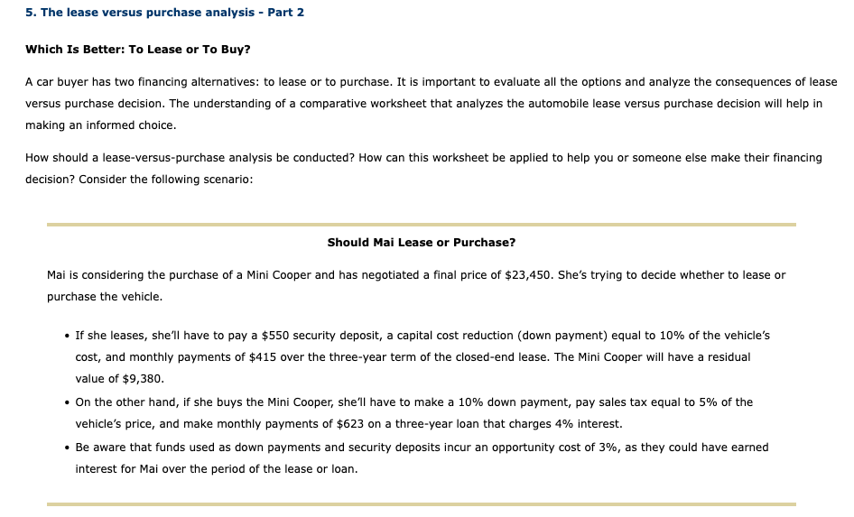 Solved 5. The lease versus purchase analysis - Part 2 Which | Chegg.com