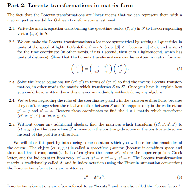 Solved Part 2 Lorentz Transformations In Matrix Form The