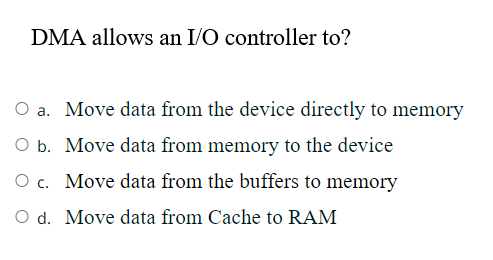 Solved DMA allows an I/O controller to?a. ﻿Move data from | Chegg.com