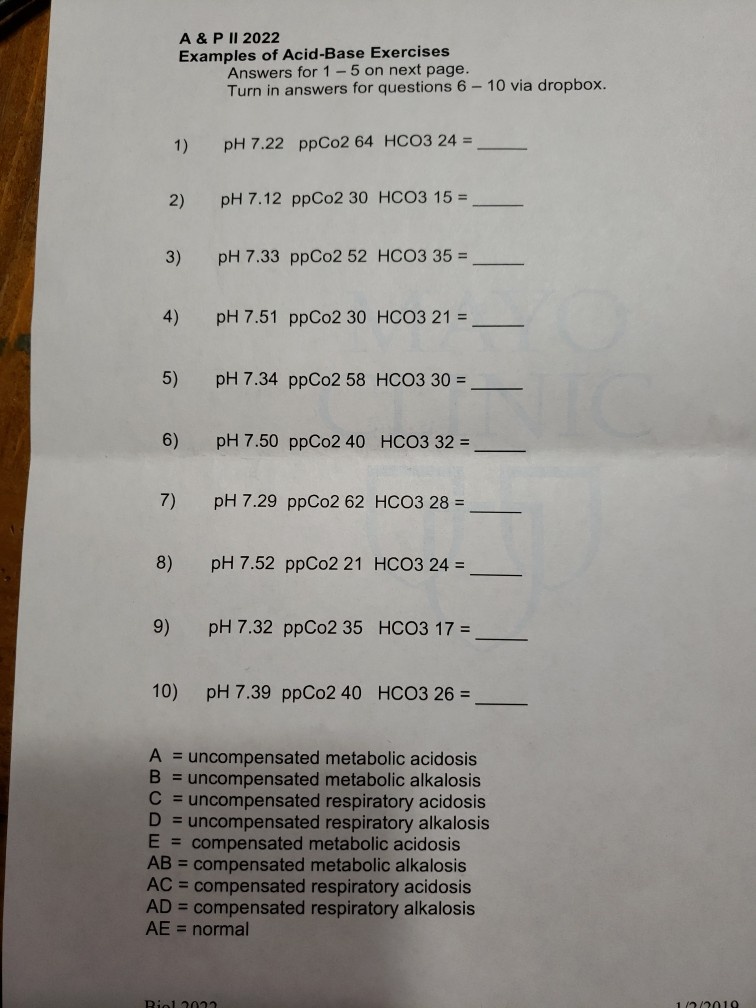 Solved A & P II 2022 Examples of Acid-Base Exercises Answers | Chegg.com
