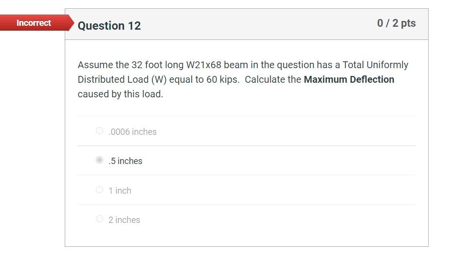 Solved Incorrect Question 12 0/2 pts Assume the 32 foot long | Chegg.com