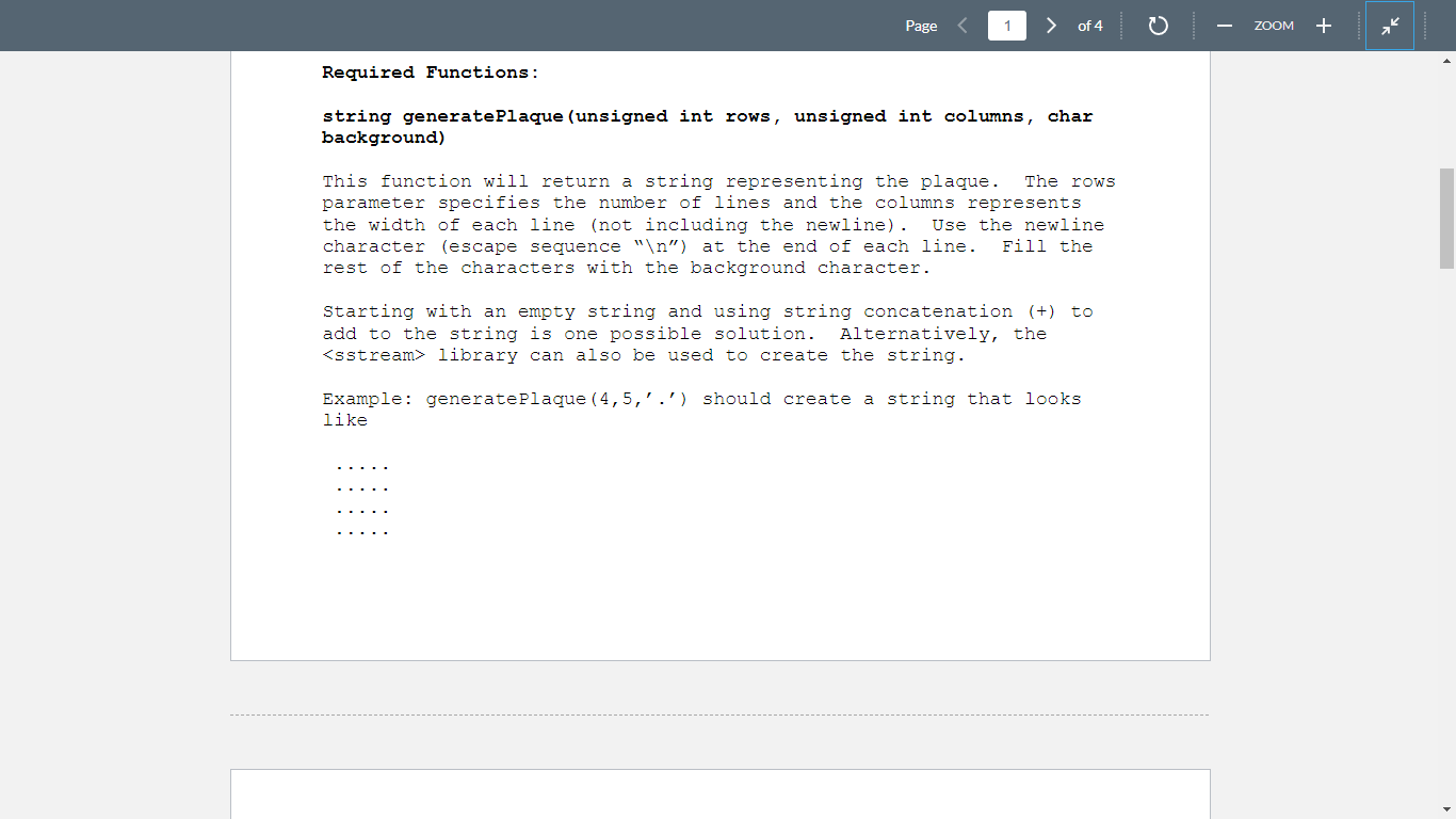 Page 1 of 4 ZOOM + " Required Functions: string | Chegg.com