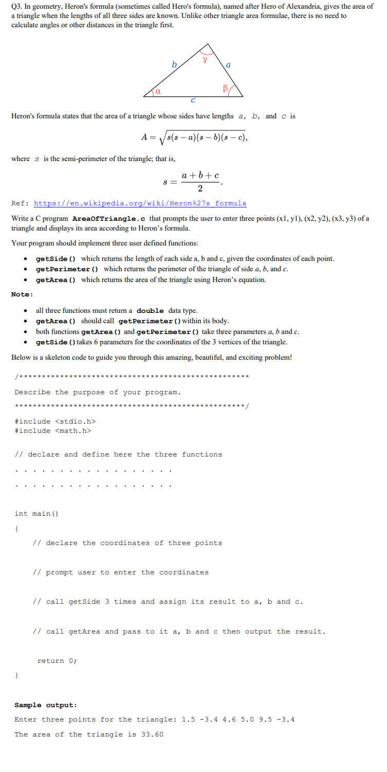 Solved Q3. In geometry, Heron's formula (sometimes called | Chegg.com