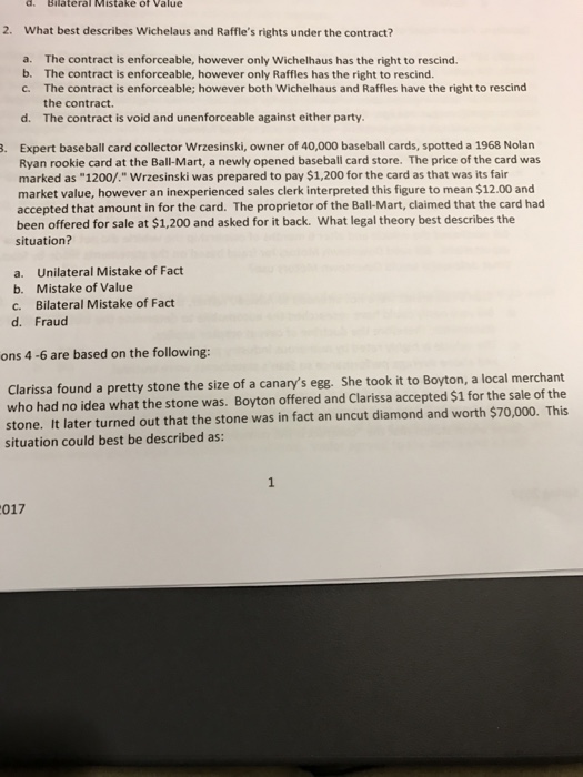 Solved Bilateral Mistake of value 2. What best describes | Chegg.com