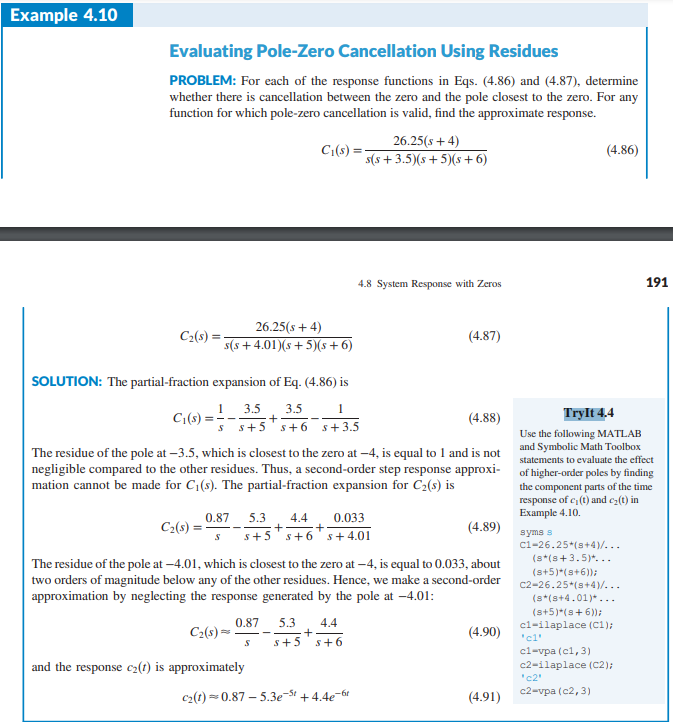 Solved Example 4.10 Evaluating Pole-Zero Cancellation Using | Chegg.com