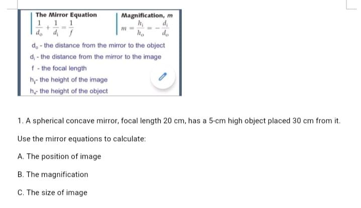 Solved The Mirror Equation 1 1 1 + Magnification, m hi m | Chegg.com