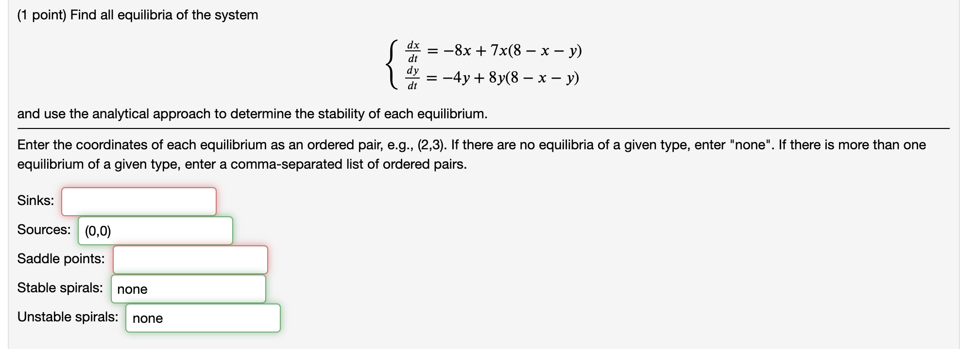 Solved (1 point) Find all equilibria of the system = dx dt | Chegg.com