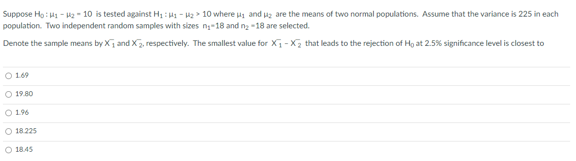 Solved Suppose Ho: H1 - H2 = 10 is tested against H1 : H1 - | Chegg.com