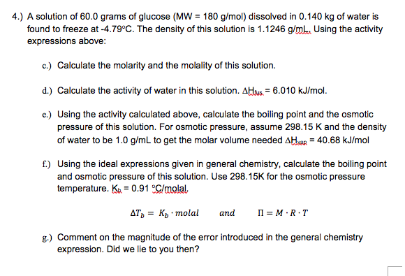 Solved 4.) A solution of 60.0 grams of glucose (MW = 180 | Chegg.com