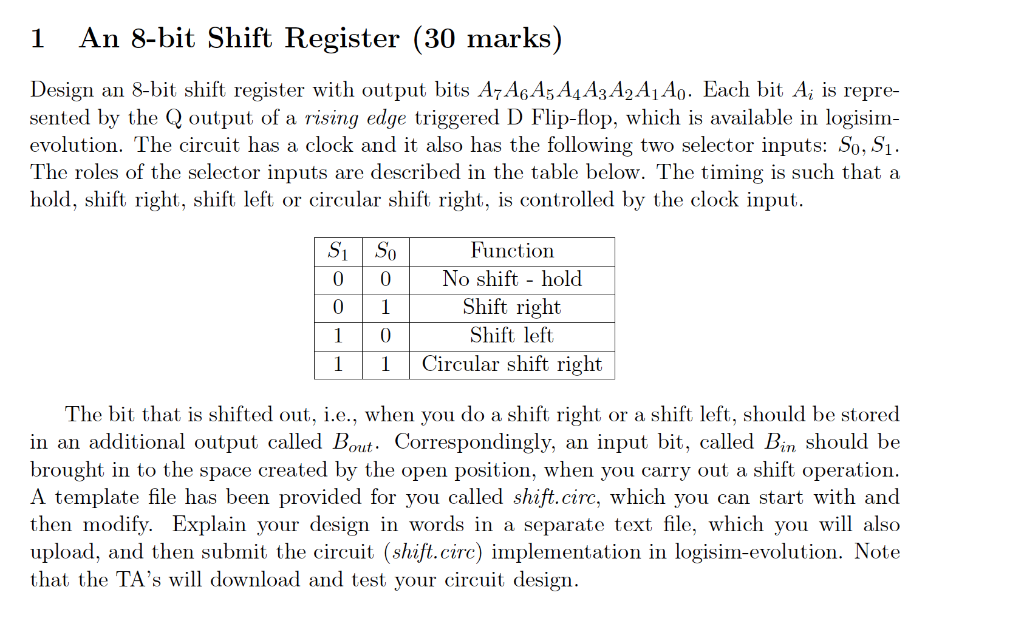 Solved 1 An 8-bit Shift Register (30 marks) Design an 8-bit | Chegg.com