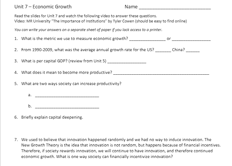 Unit 7-Economic Growth Name Read the slides for Unit | Chegg.com