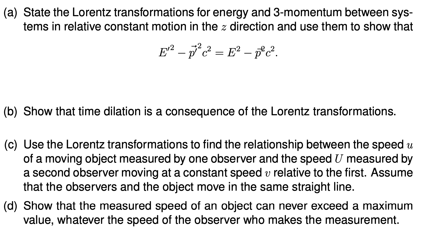 Solved (a) State the Lorentz transformations for energy and | Chegg.com