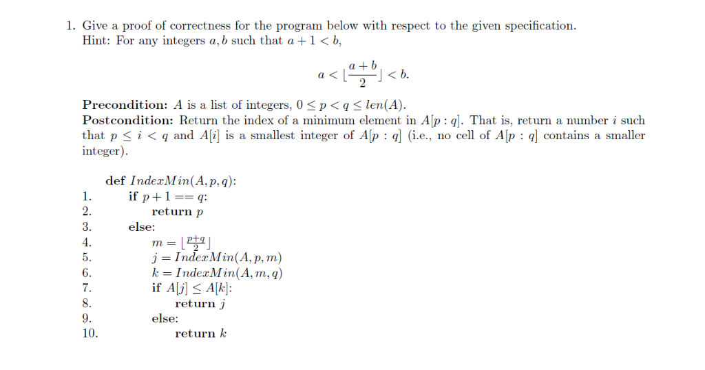 1. Give a proof of correctness for the program below | Chegg.com