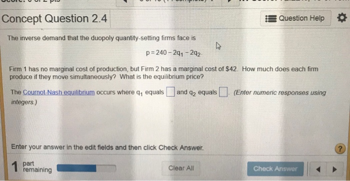 Solved Concept Question 2.4 Question Help The inverse demand | Chegg.com Solved Concept Question 2.4 Question Help The inverse demand | Chegg.com
