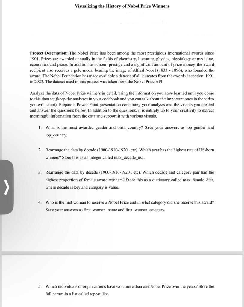 Solved Visualizing the History of Nobel Prize WinnersProject | Chegg.com