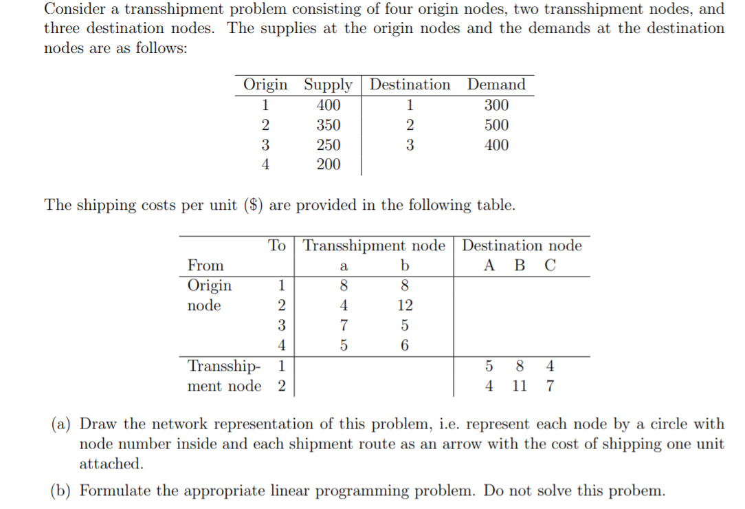 Solved Consider a transshipment problem consisting of four | Chegg.com