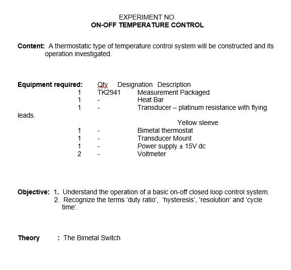 EXPERIMENT NO. ON-OFF TEMPERATURE CONTROL Content: A | Chegg.com