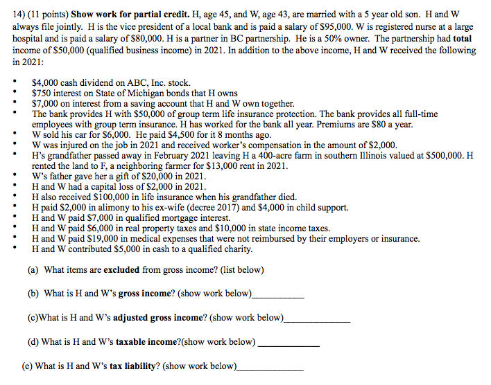 Solved 14) (11 points) Show work for partial credit. H, age | Chegg.com