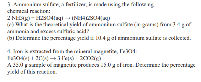 Solved Ammonium sulfate, a fertilizer, is made using the | Chegg.com