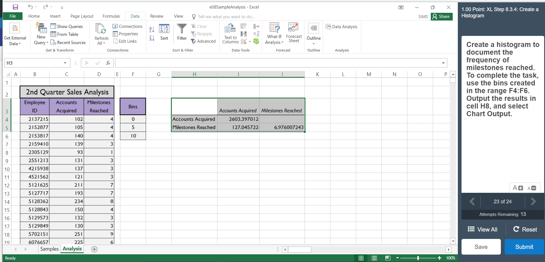 e08SampleAnalysis - Excel 5 Home - O X SIMS 2 Share | Chegg.com