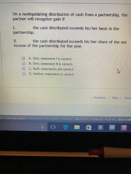 Solved On a nonliquidating distribution of cash from a | Chegg.com
