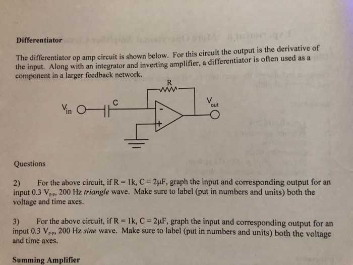 Solved Differentiator The differentiator op amp circuit is | Chegg.com