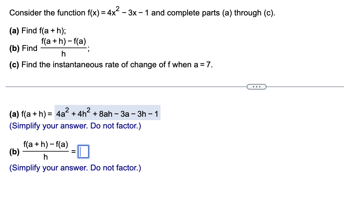 Solved Consider the function f(x) = 4x²-3x - 1 and complete | Chegg.com