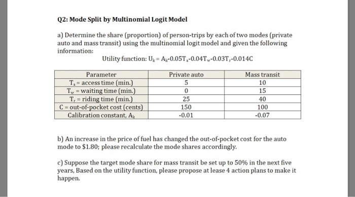Solved Q2: Mode Split by Multinomial Logit Model a) | Chegg.com