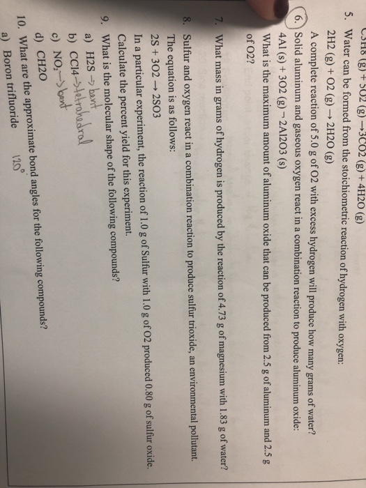 Solved CSFHS ()502 (g)3C02 (g) +4H20 (g) Water can be formed | Chegg.com