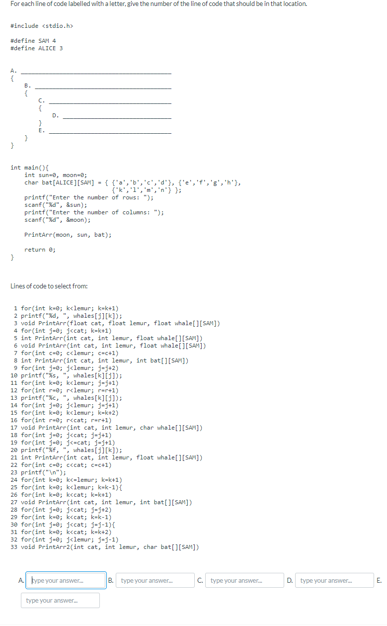 Solved For each line of code labelled with a letter, give | Chegg.com