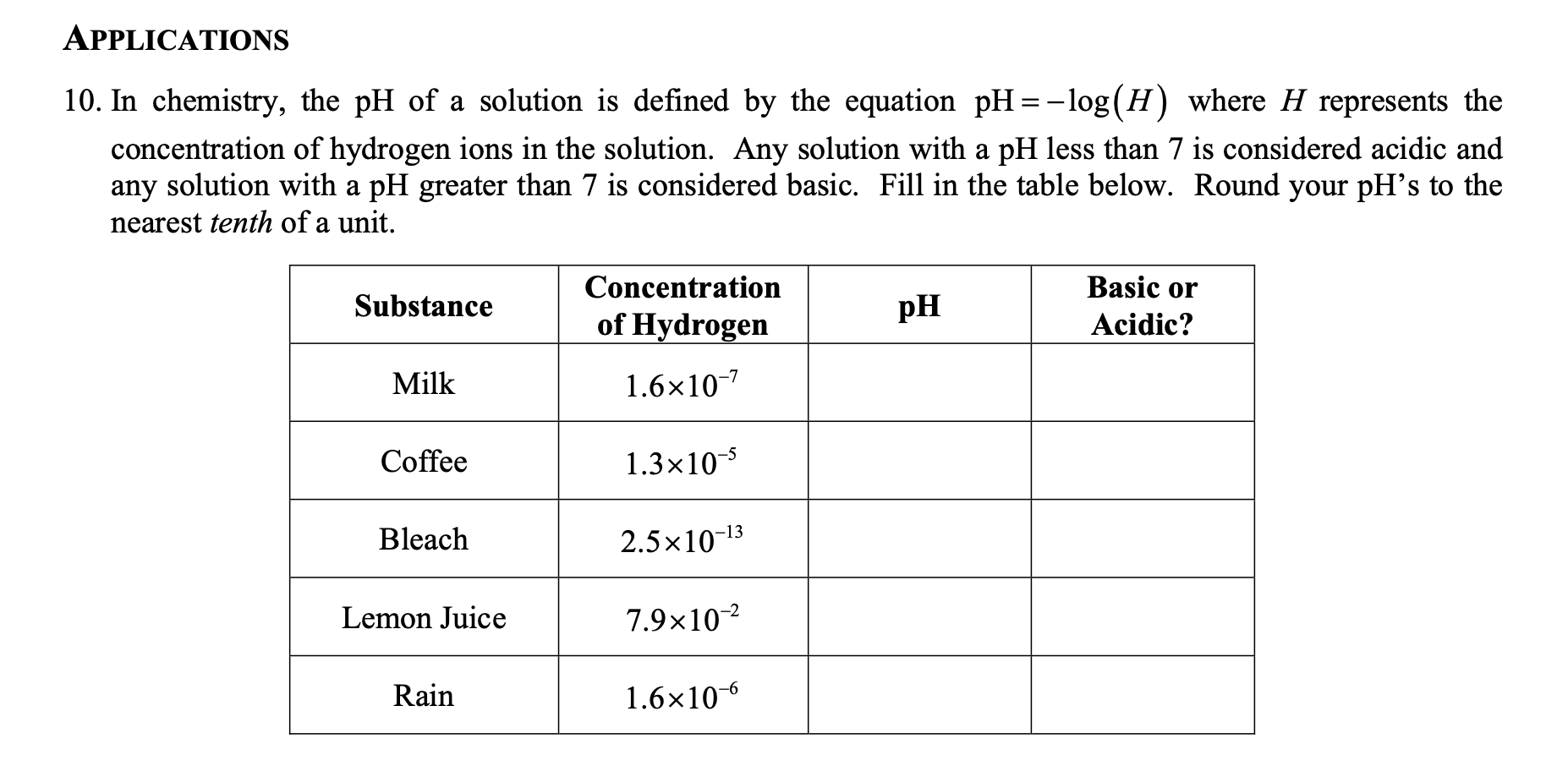 Solved APPLICATIONS 10. In chemistry, the pH of a solution | Chegg.com
