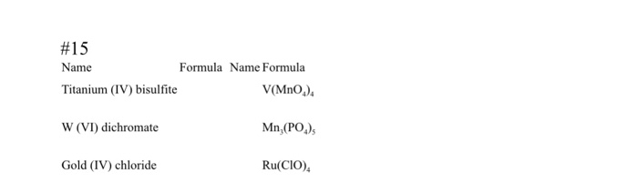 Solved #15 Name Titanium (IV) bisulfite Formula Name Formula | Chegg.com