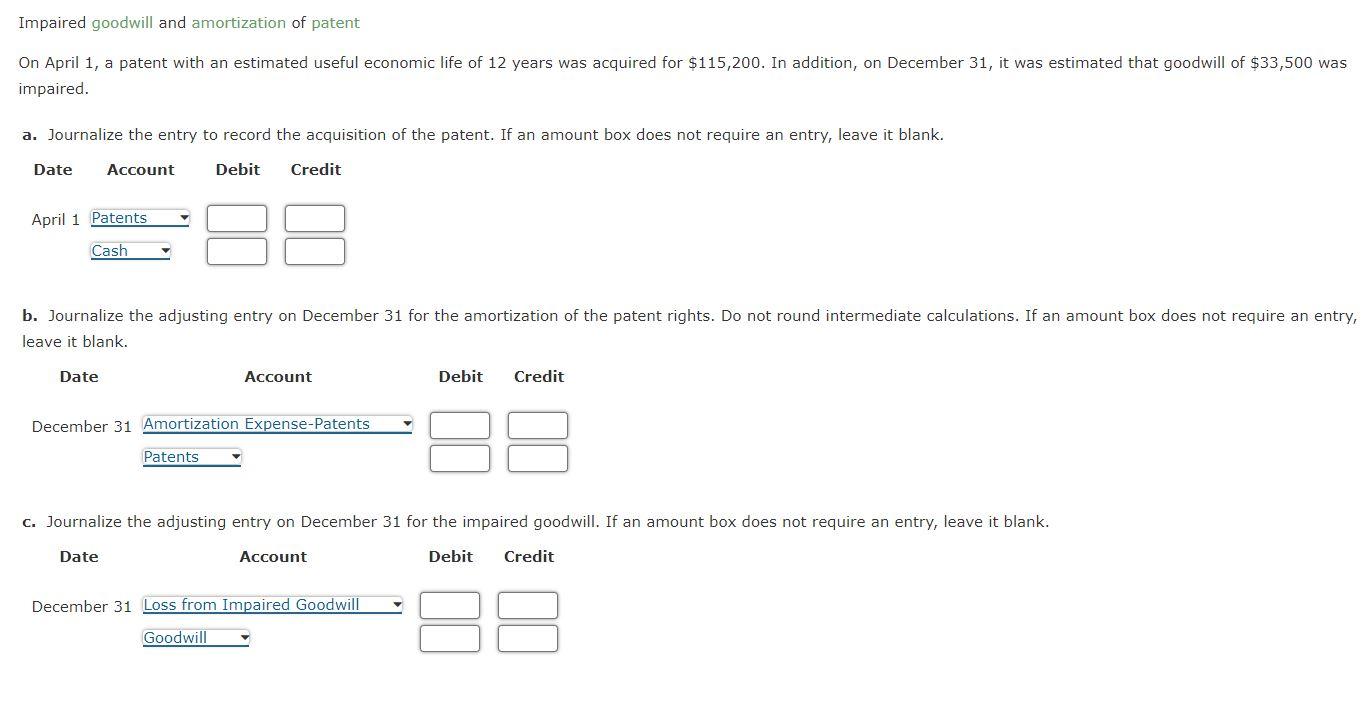Solved Impaired goodwill and amortization of patent On April | Chegg.com