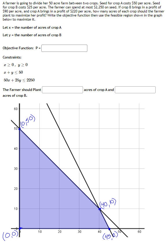 Solved x≥0,y≥0 x+y≤50 50x+25y≤2250 | Chegg.com