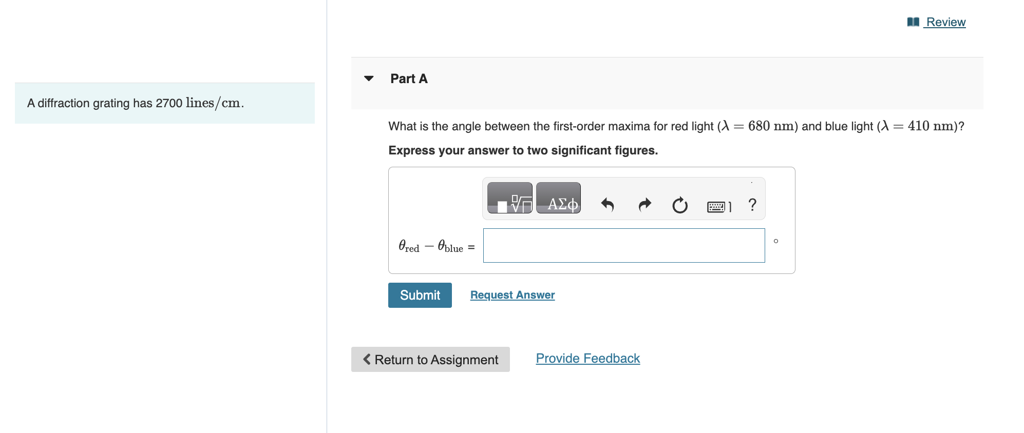 Solved A diffraction grating has 2700 lines/cm. What is the | Chegg.com