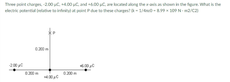 Solved Three point charges, −2.00μC,+4.00μC, and +6.00μC, | Chegg.com