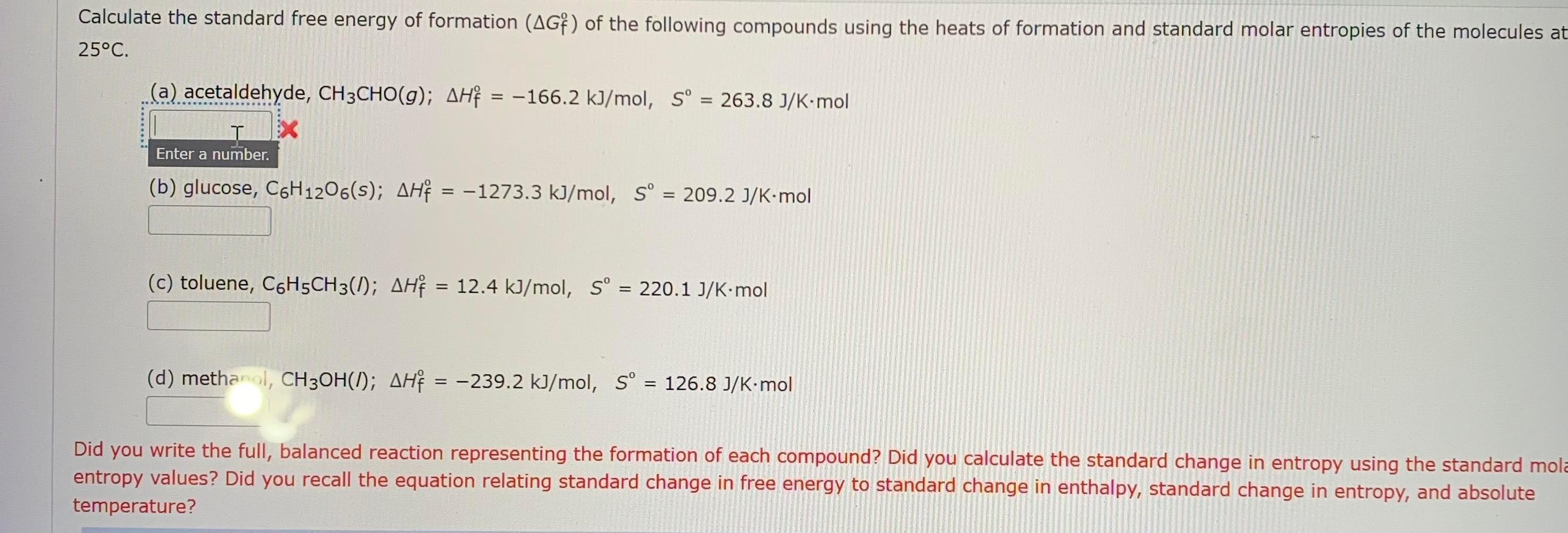 Solved Calculate the standard free energy of formation (AGⓇ) | Chegg.com