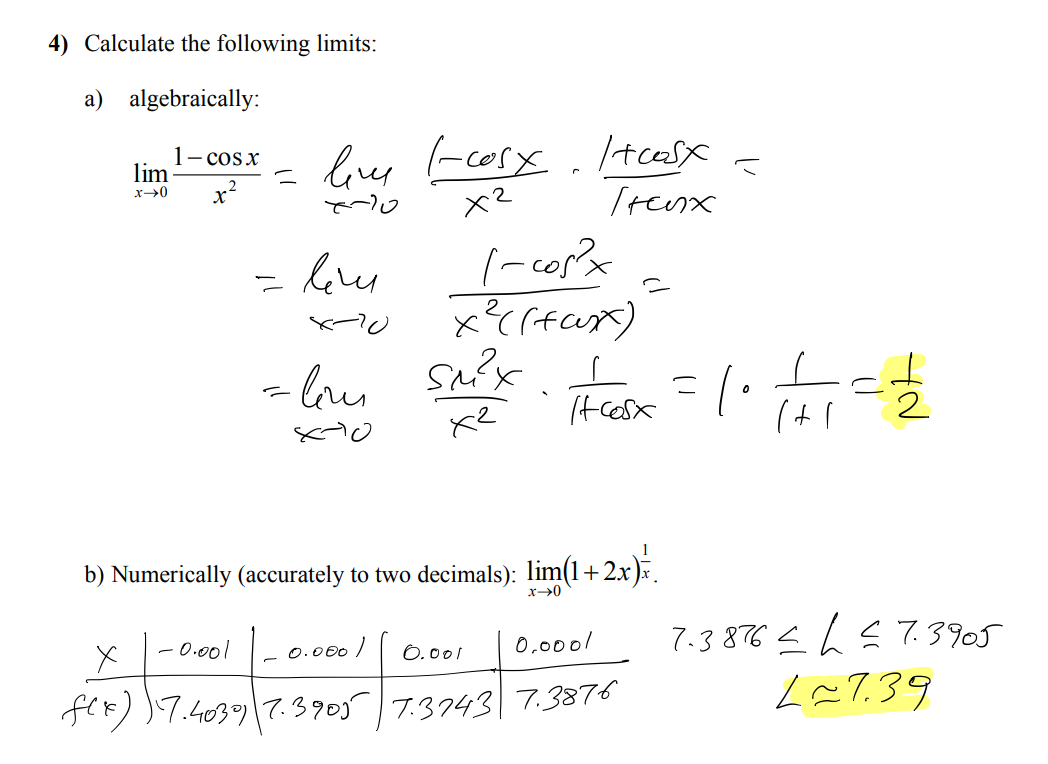 Solved 3) Calculate the following limits: a) algebraically: | Chegg.com