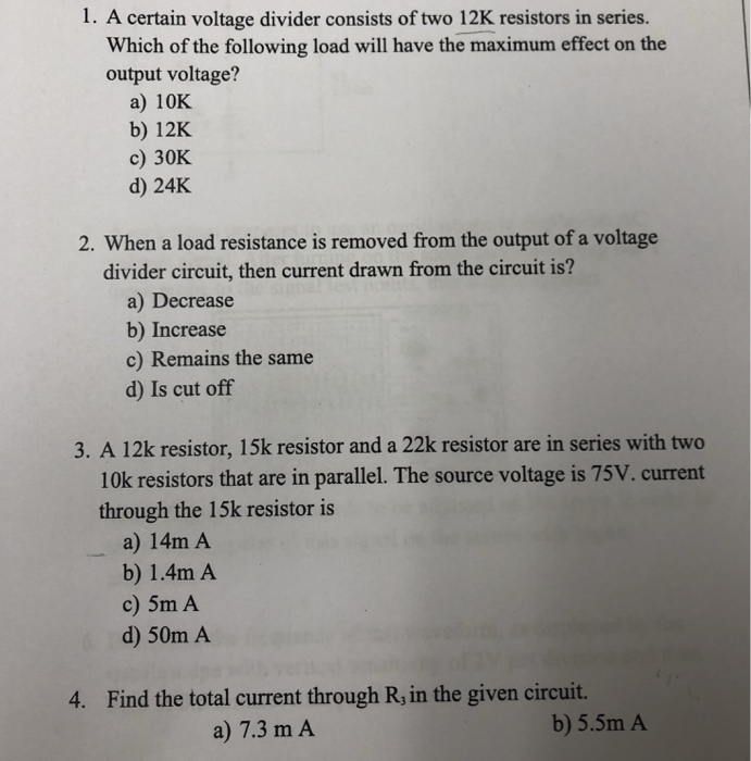 Solved 1. A certain voltage divider consists of two 12K | Chegg.com