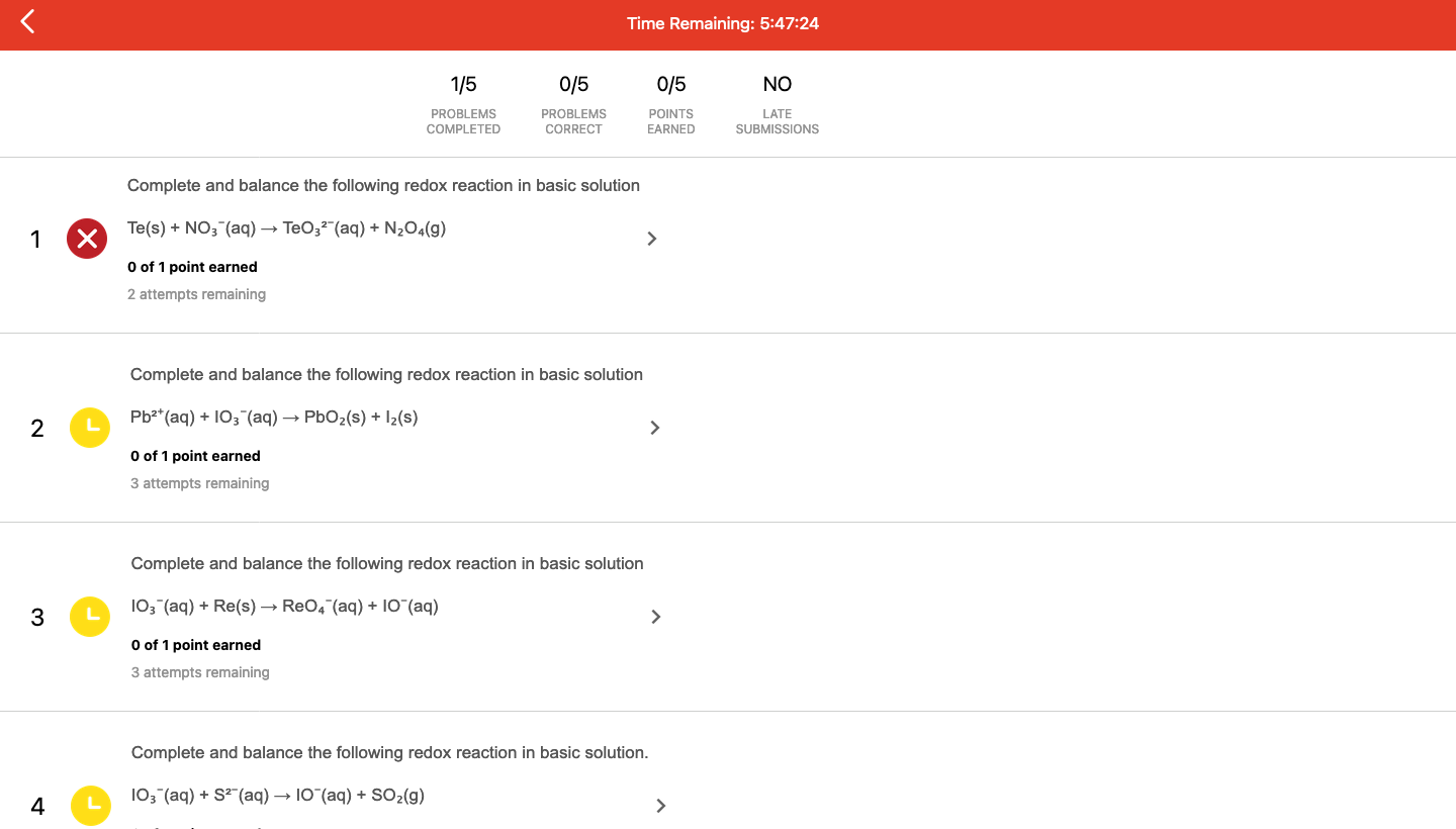 Solved Time Remaining: 5:47:24 1/5 0/5 0/5 NO PROBLEMS | Chegg.com
